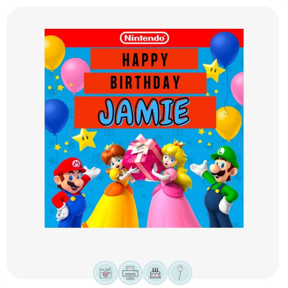 Nintendo Happy Birthday – Square Edible Cake Topper – Edible Cake Toppers